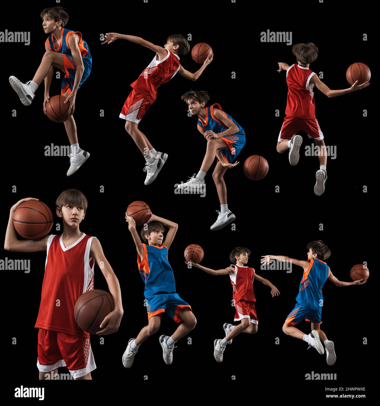 Collage of portrait of teen boy, basketball player in uniform playing ...