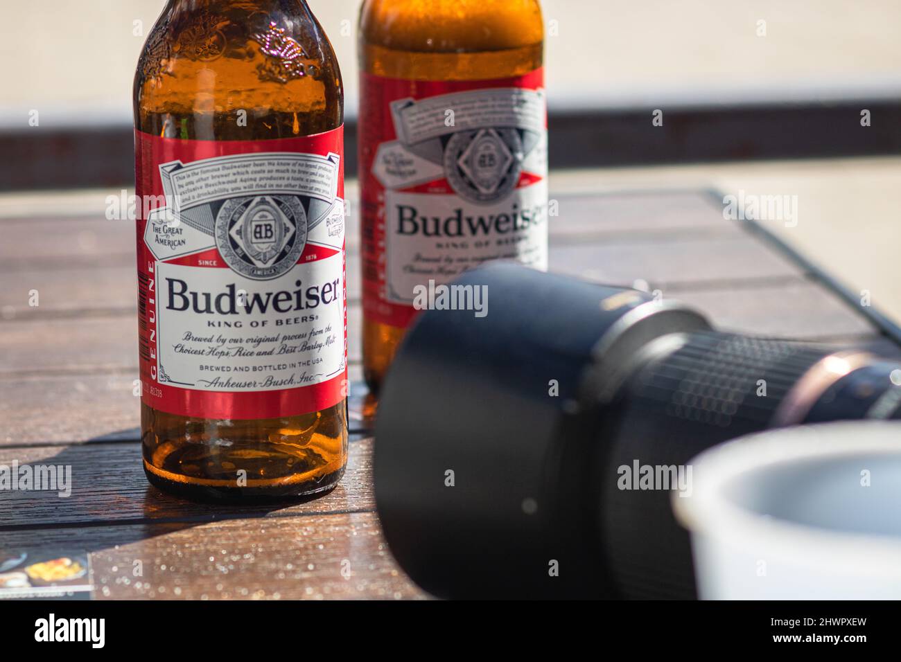 Budweiser Bottles on a table Stock Photo - Alamy