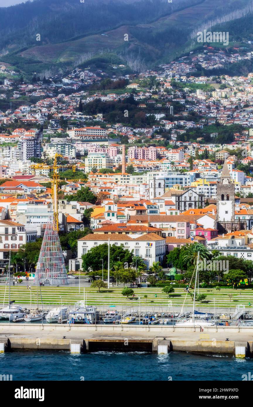 Portugal, Madeira, Funchal, Harbor of coastal city with hillside ...