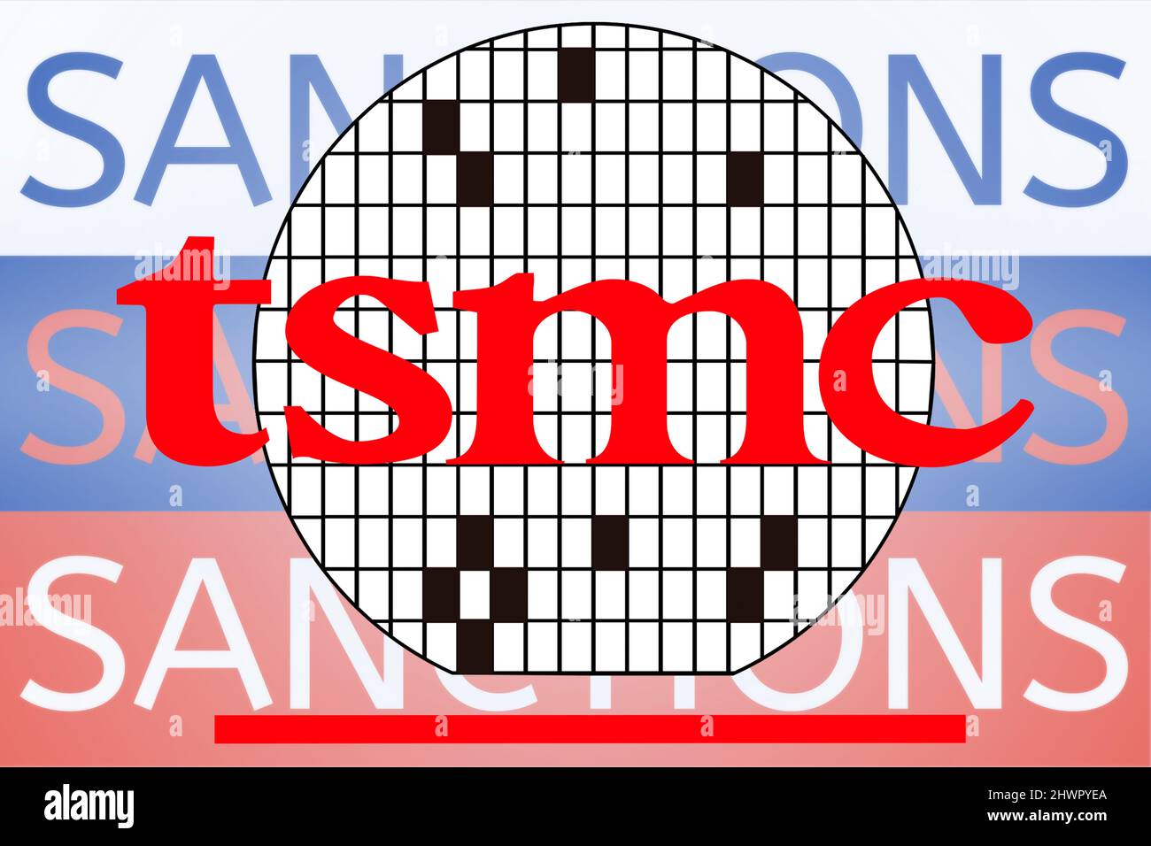 TSMC logo in front of the Russian flag. Sanctions against Russia over ...