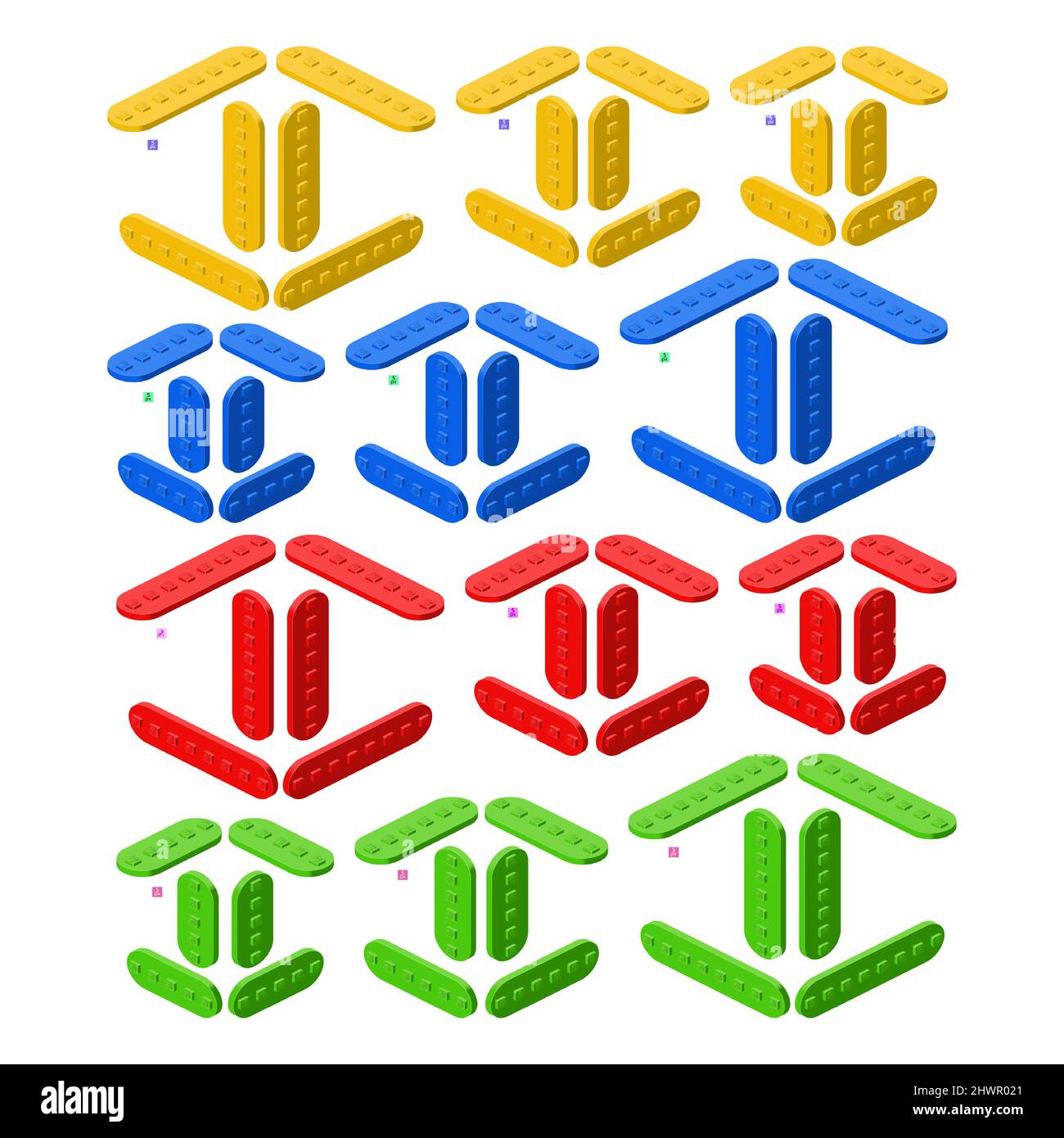 Set of colored constructor kit in isometry. 3d element. Vector ...
