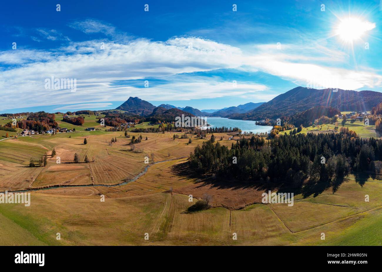 Austria, Salzburg, Fuschl am See, Drone view of rural landscape of ...