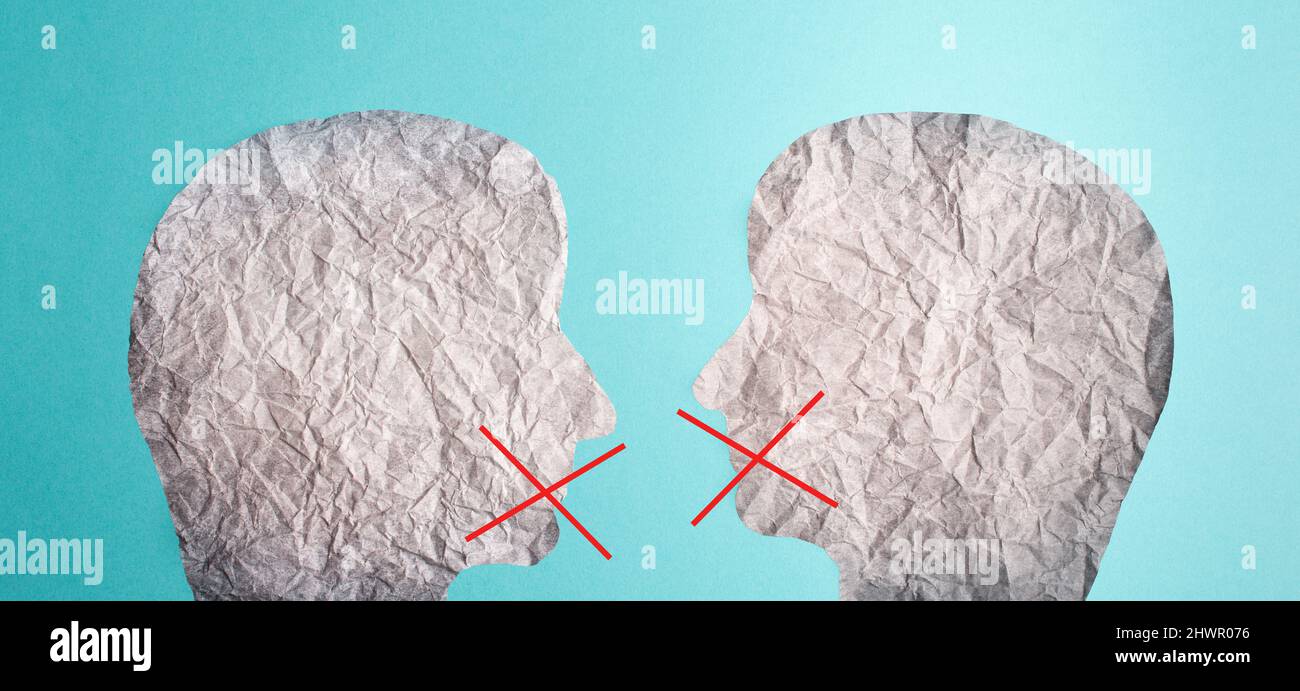 Two silhouette faces look at each other, red cross over the mouth ...