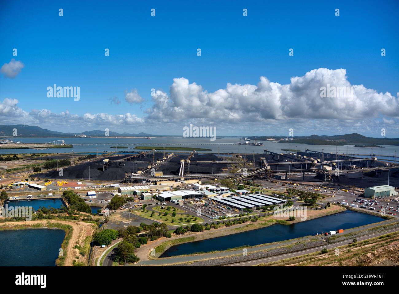 Aerial of coal export terminal at the port of Gladstone Queensland ...