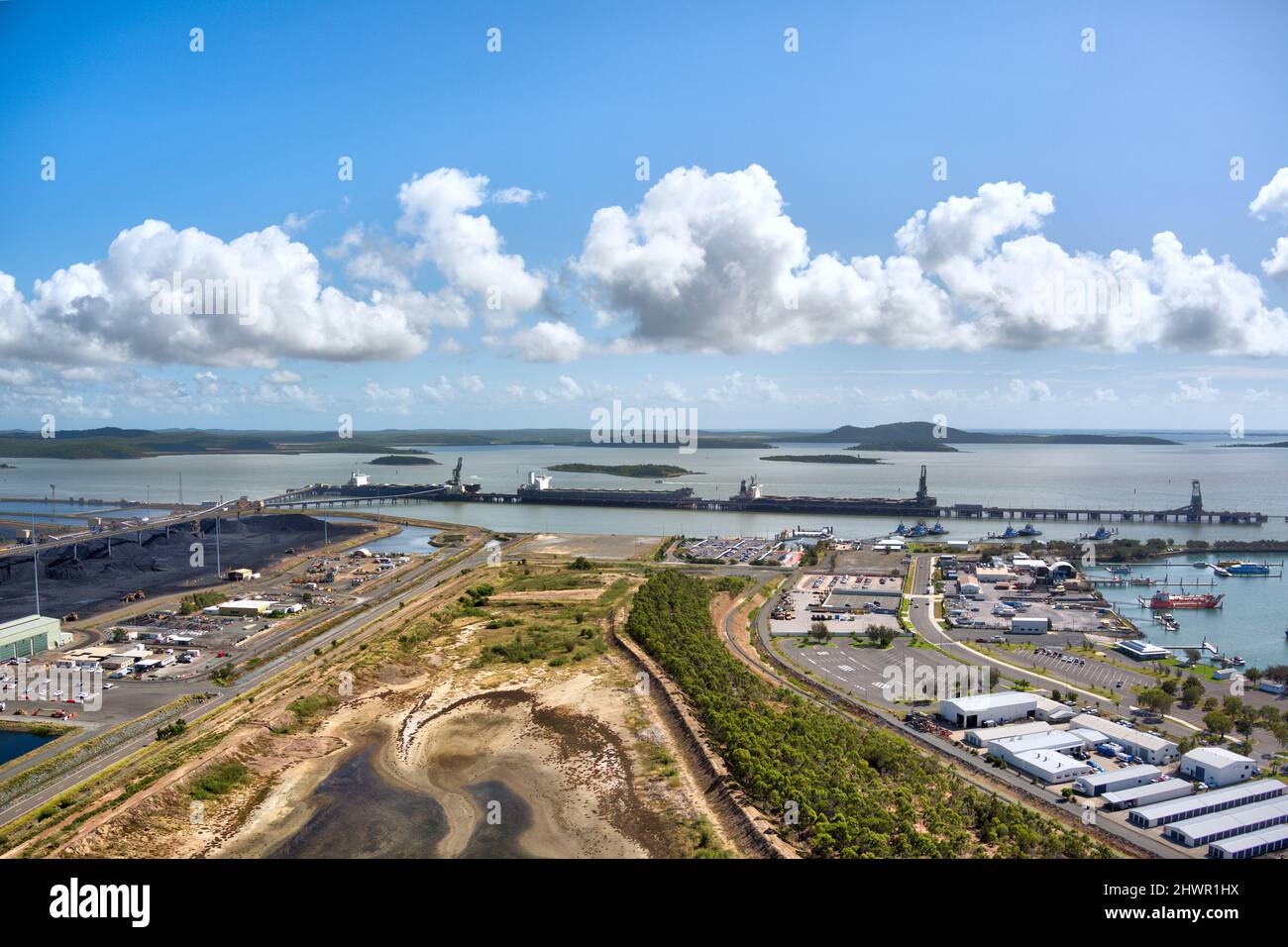 Aerial of ships at the coal export terminal Port of Gladstone ...