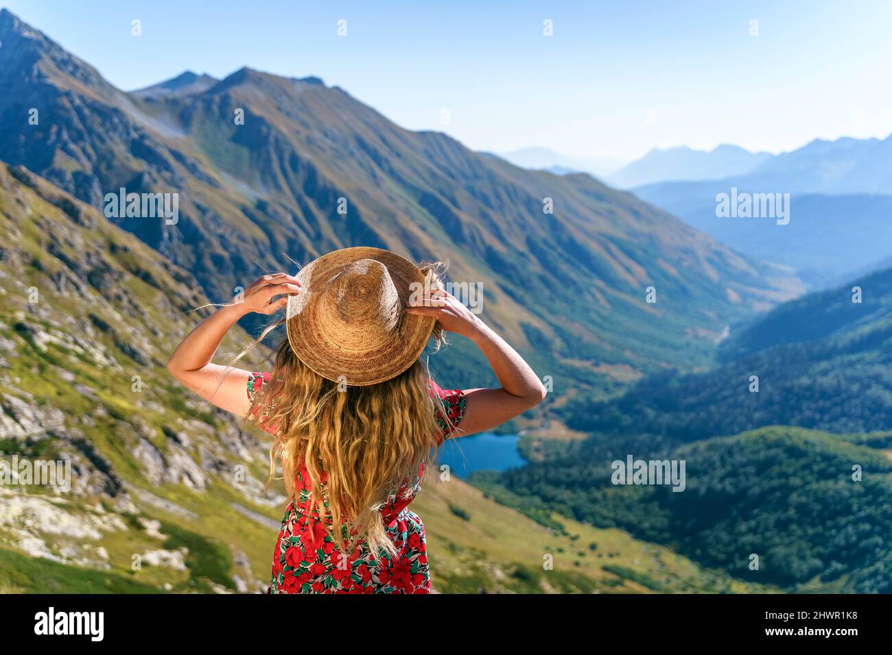 Woman straw hat looking caucasus mountains sunny day hi-res stock ...