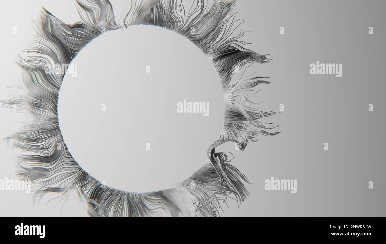 Black and white 3D illustration of countless short threads forming a ...