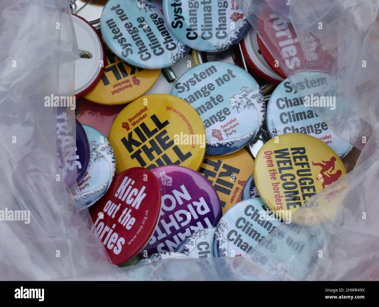 Protest badges . Kill the Bill , Refugee's welcome, Trans Rights Now ...