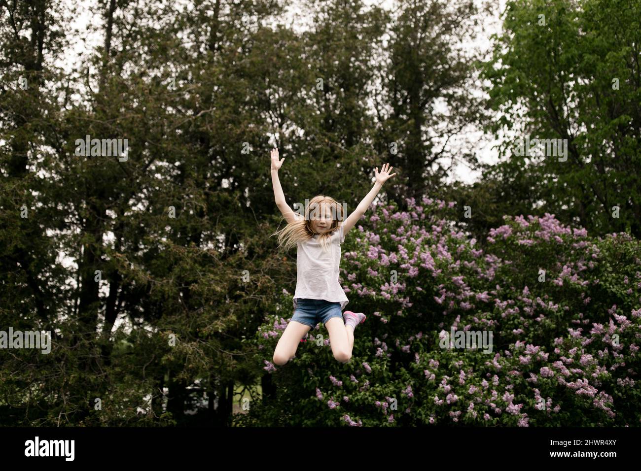 Cheerful girl jumping in front of lilac flowers in nature Stock Photo ...