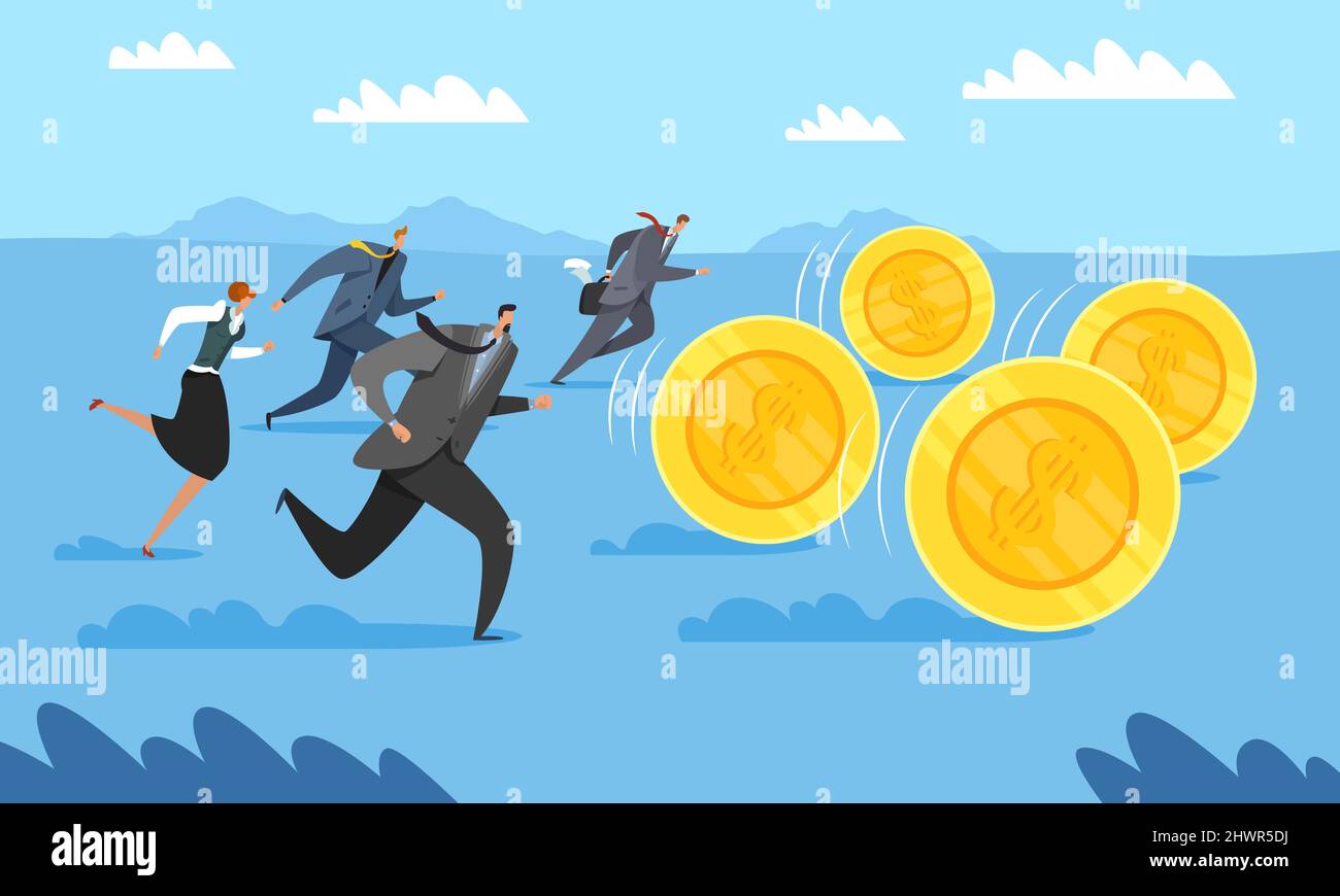 Pursuit of big money. Business people men and women trying to catch ...