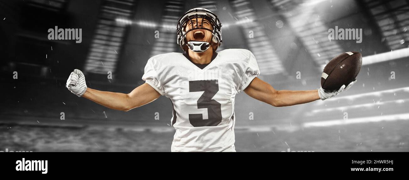 Emotional excited man, american football player in sports equipment at ...