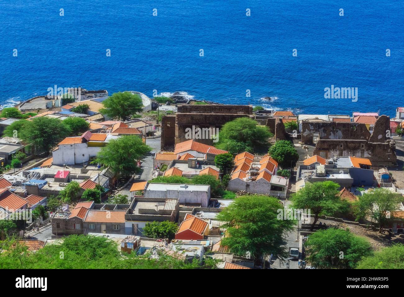 Cape Verde, Sao Vicente, Mindelo, Houses of coastal city with Atlantic ...