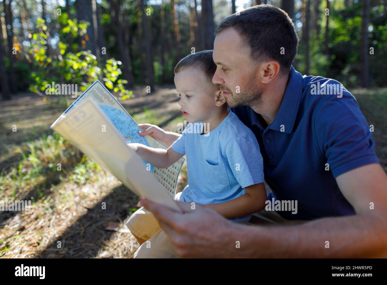 Father and son reading map in forest Stock Photo - Alamy
