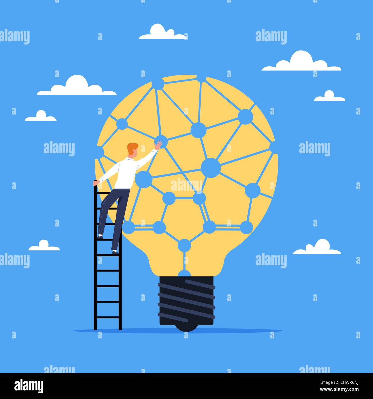 Technological ideas. Creating technologies, man on stairs and big light ...