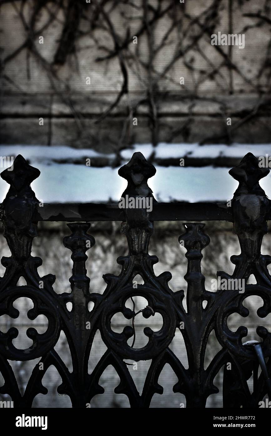 Old Gothic medieval cast iron protective fence with an ornamental motif ...