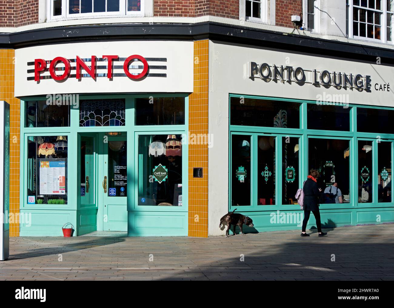 Woman and dog passing Ponto coffee bar, in Hull, Humberside, East ...