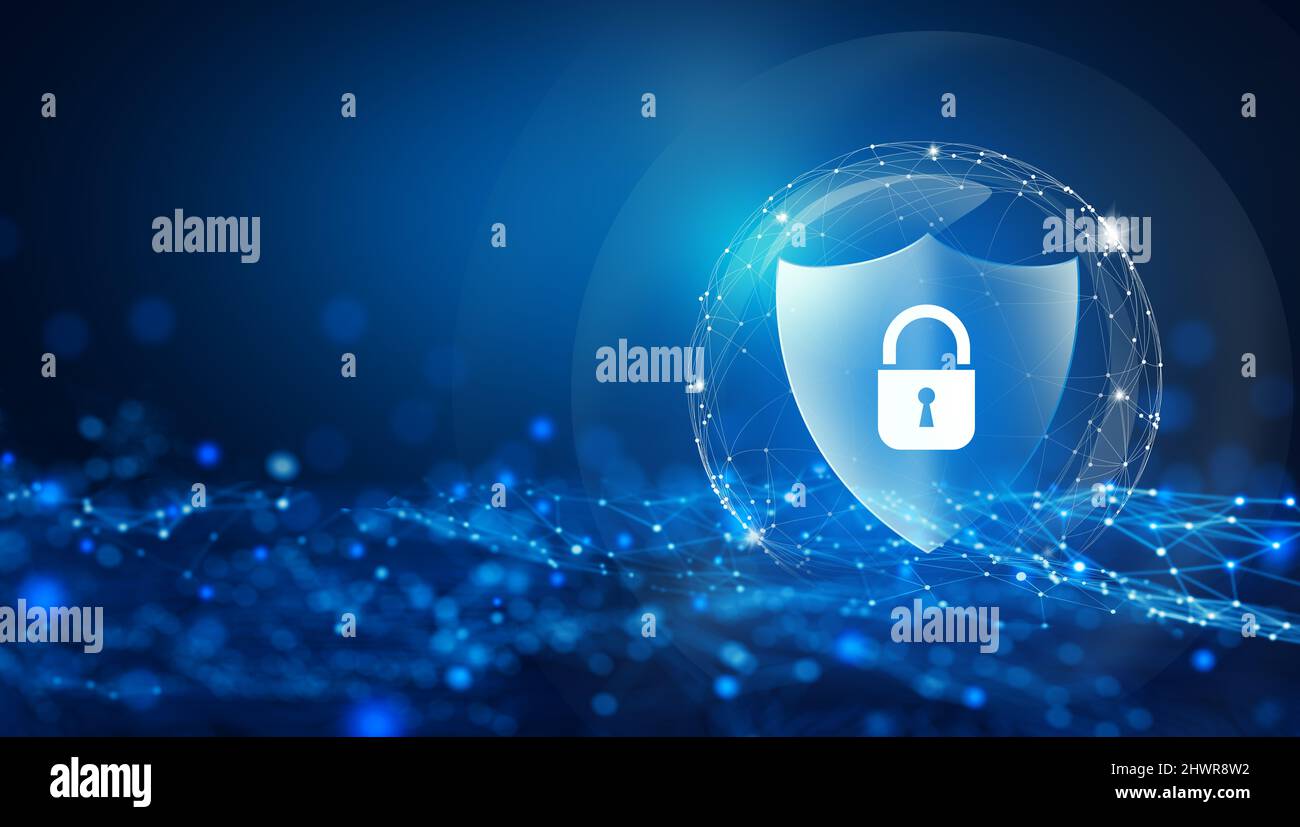 Shield with Padlock icon on Circuit board and Network wireframe with binary code over blue ...