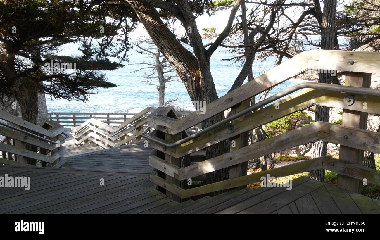 Wooden stairs to Lone Cypress viewpoint, scenic 17-mile drive tourist ...