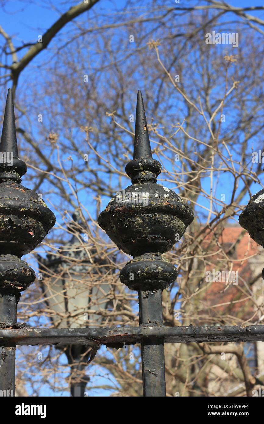 Old Gothic medieval cast iron protective fence with an ornamental motif ...
