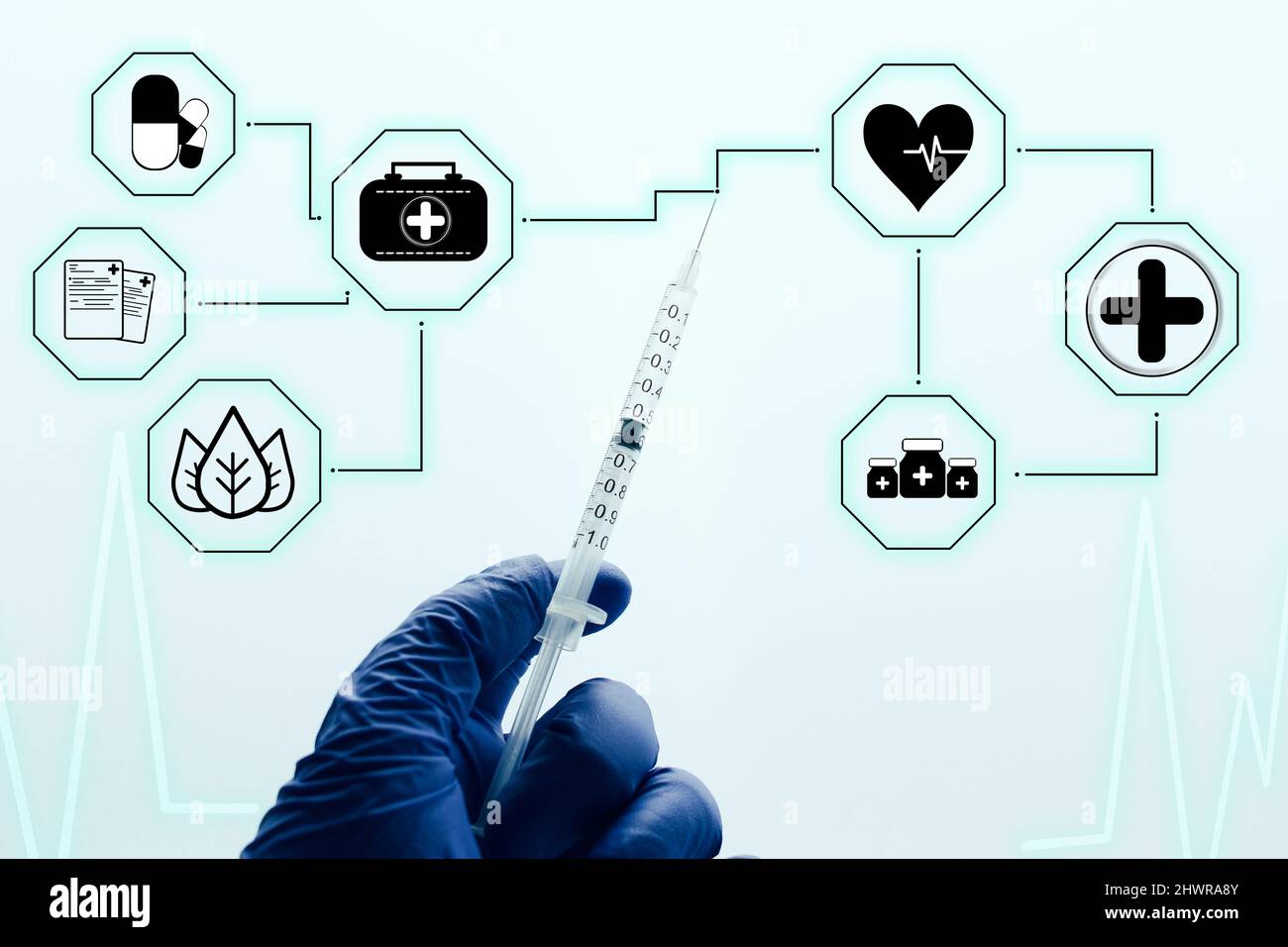 Vaccine injection with futuristic interface. Medical network technology ...