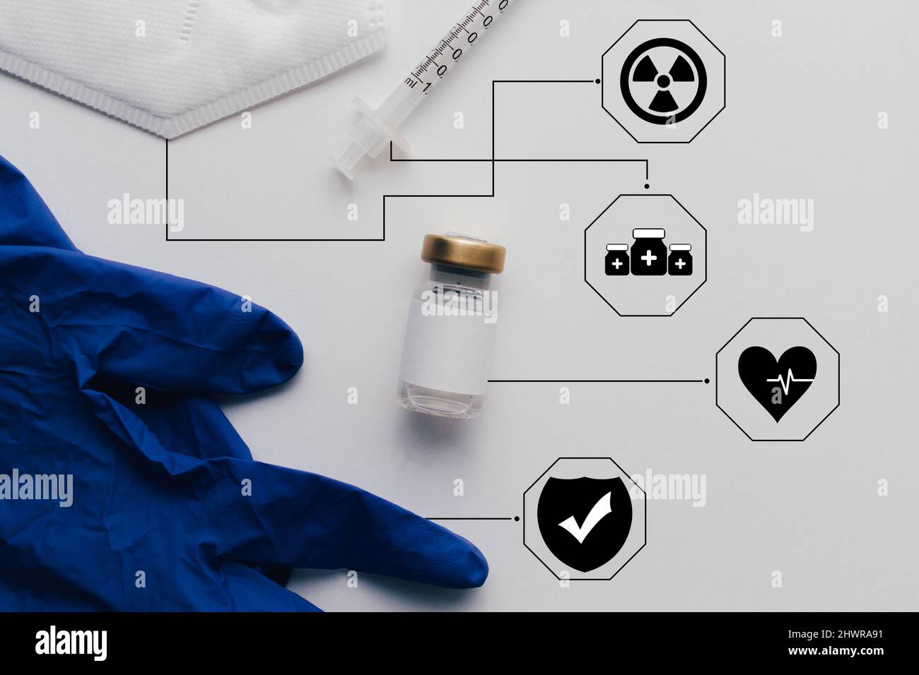 Vaccine injection, vial, face mask and gloves with futuristic interface ...