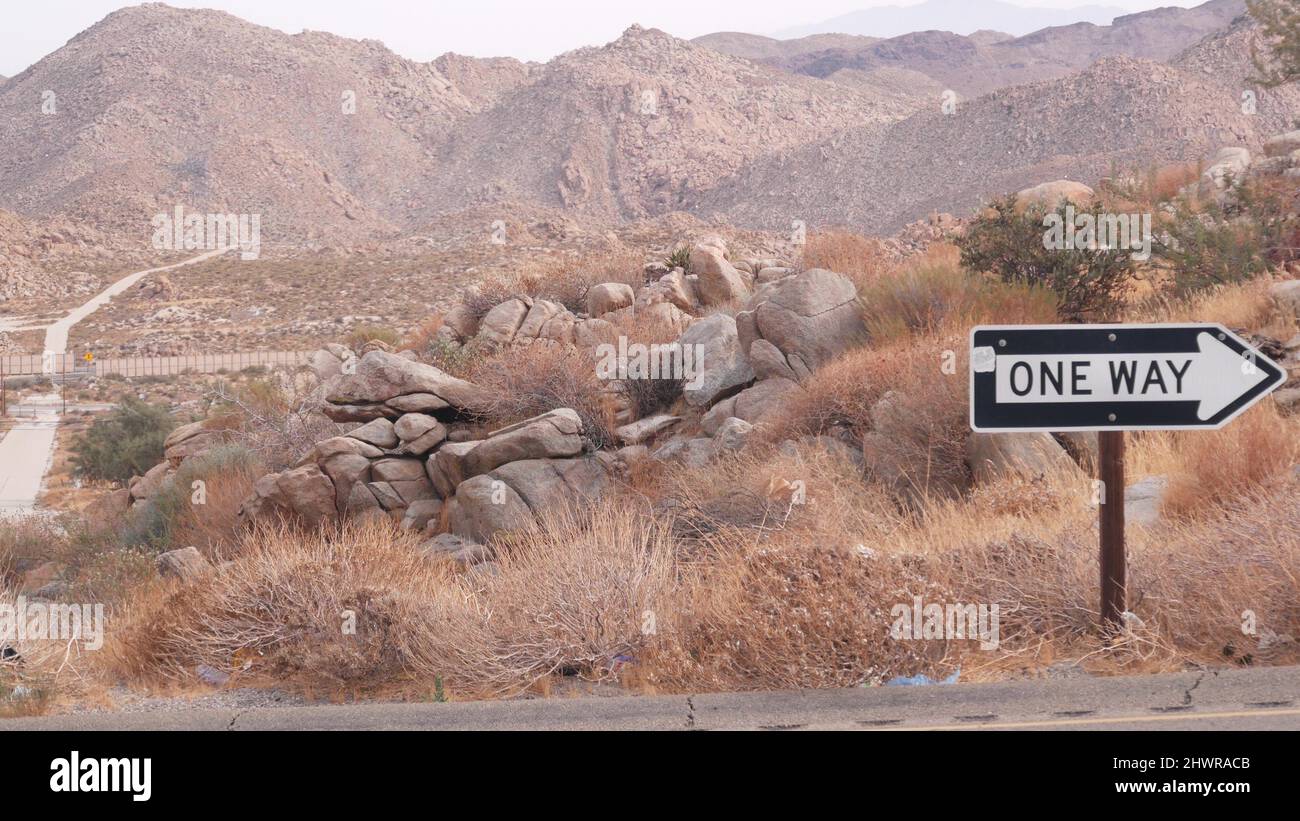 One way road transport sign with arrow on roadside or wayside, highway ...