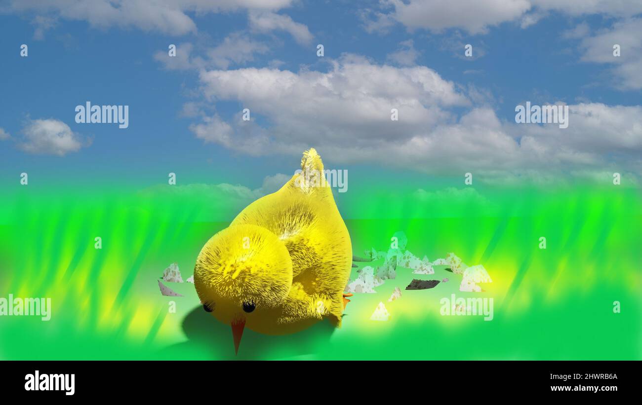 Easter background with hatching chicken and eggs. 3D render ...