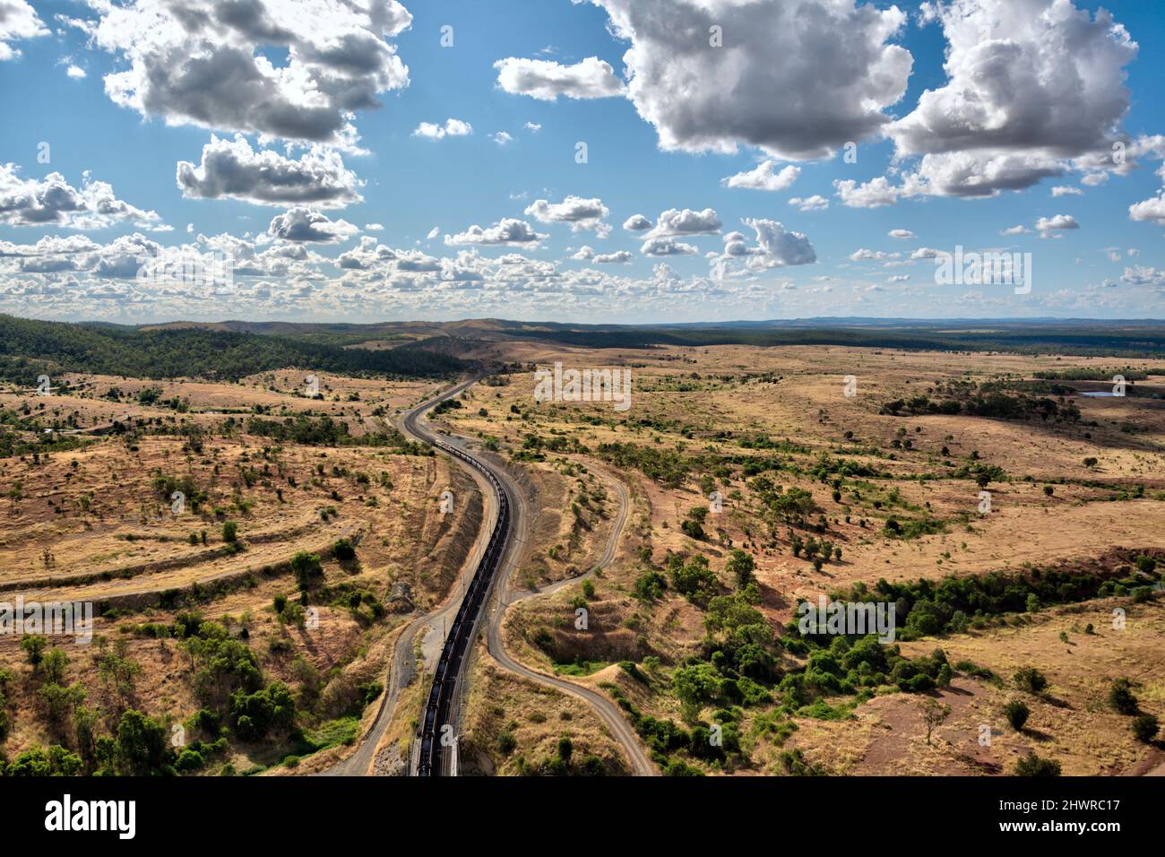 Aerial of coal train which runs from central Queensland to the Port of ...