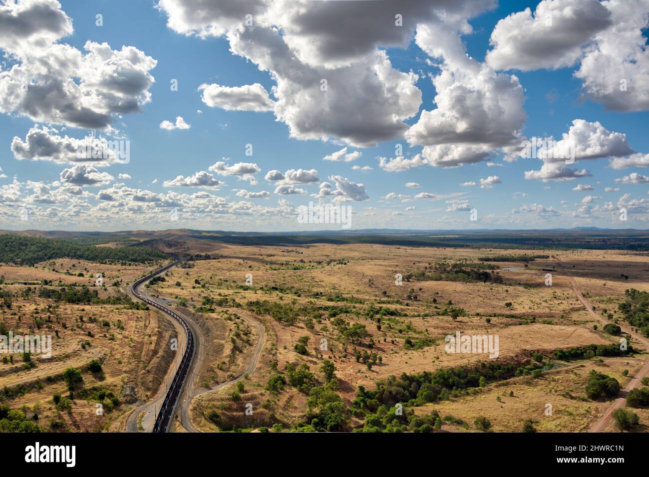 Aerial of coal train which runs from central Queensland to the Port of ...