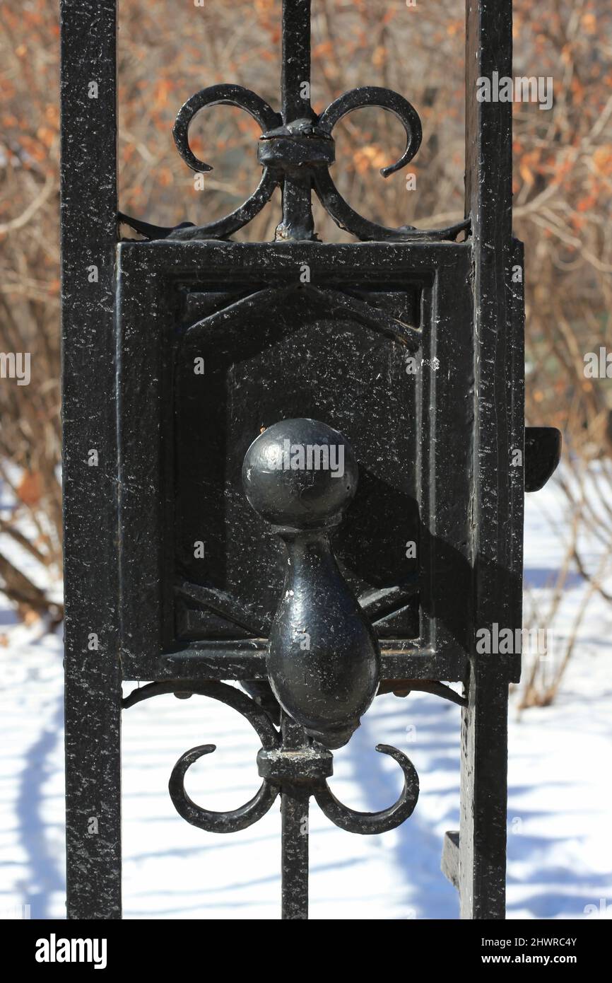 Old Gothic medieval cast iron protective fence with an ornamental motif ...