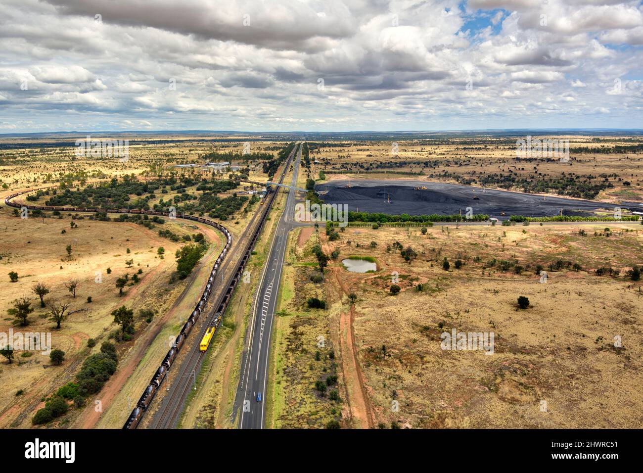 Aerial of train loading 10,000 tons of coal at Boonal Coal Loading ...