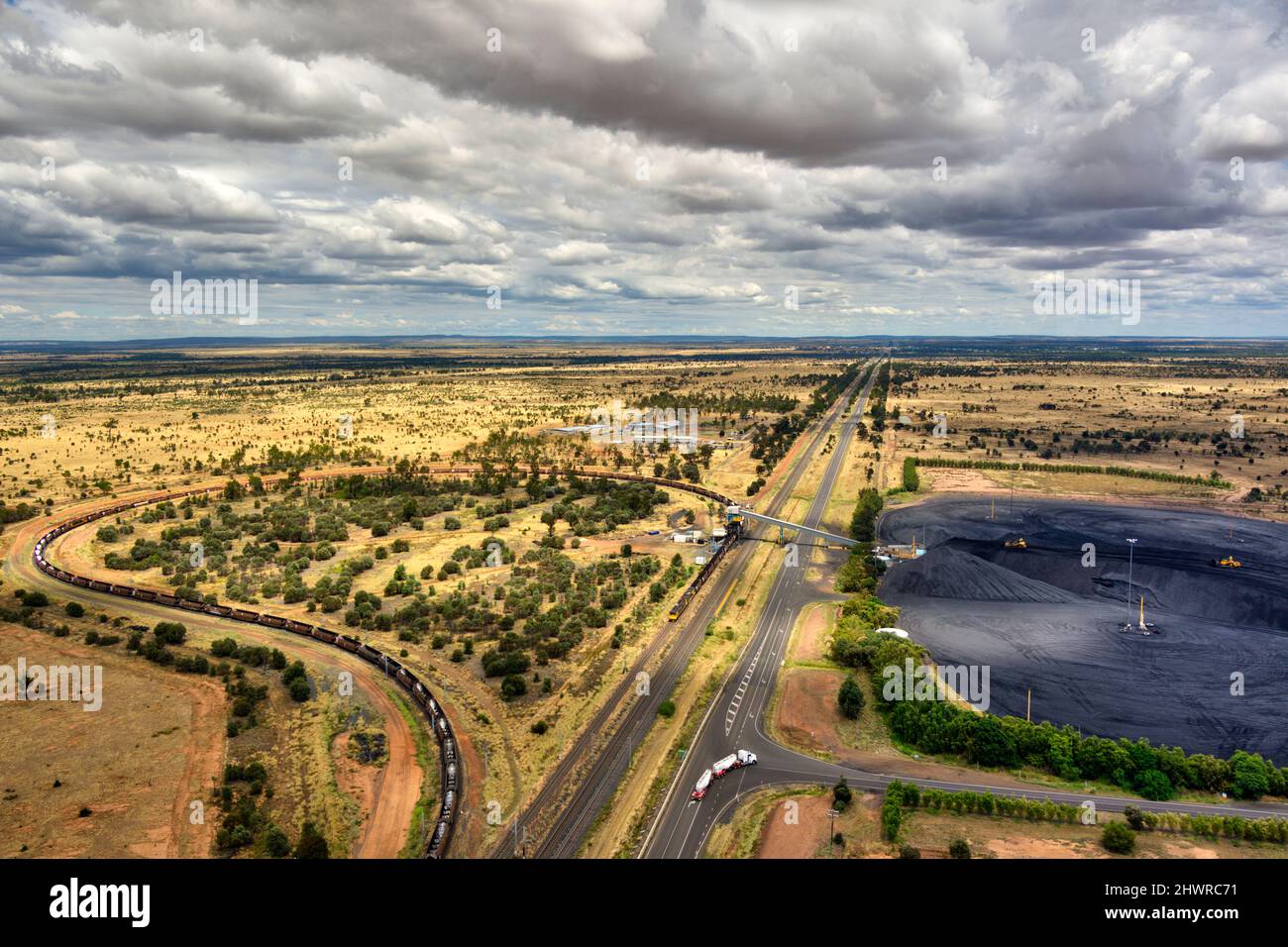 Aerial of train loading 10,000 tons of coal at Boonal Coal Loading ...