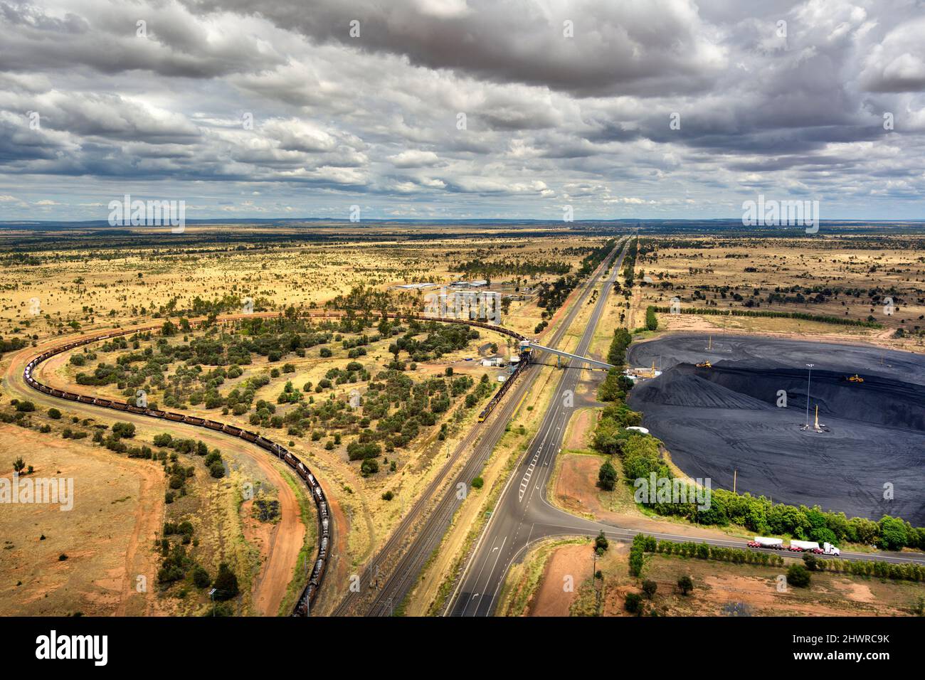 Aerial of train loading 10,000 tons of coal at Boonal Coal Loading ...