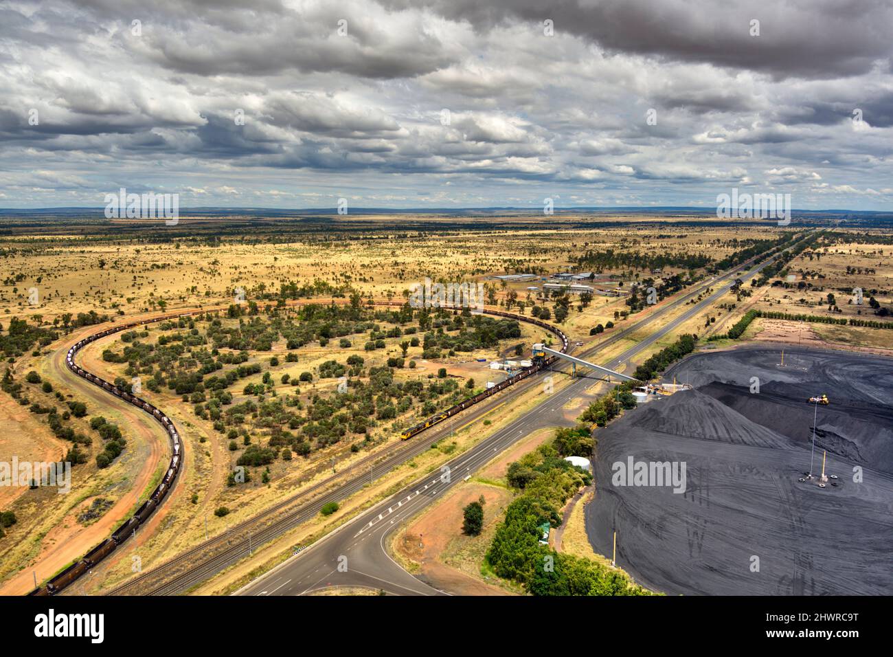 Aerial of train loading 10,000 tons of coal at Boonal Coal Loading ...