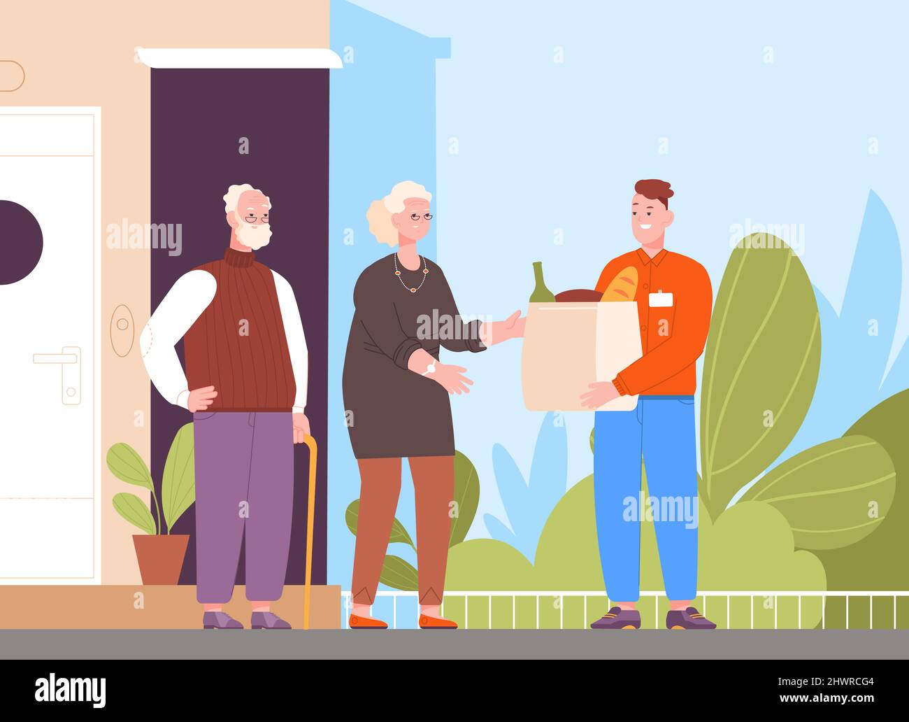 Volunteer seniors delivery. Guy help food elderly family, carry parcel ...