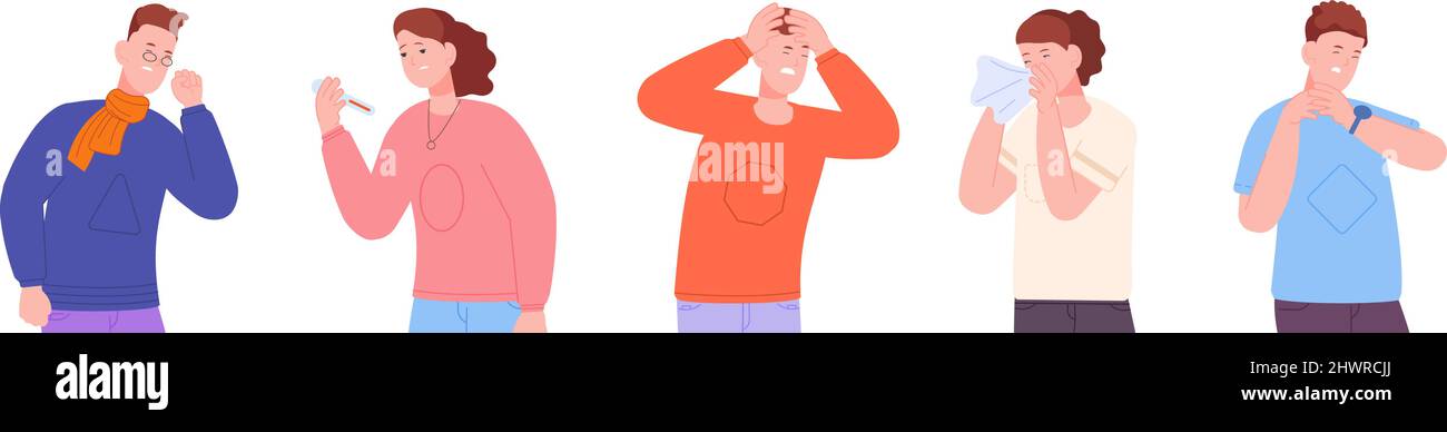 Adult seasonal illness. Sick flu character suffer cold symptom, person ...