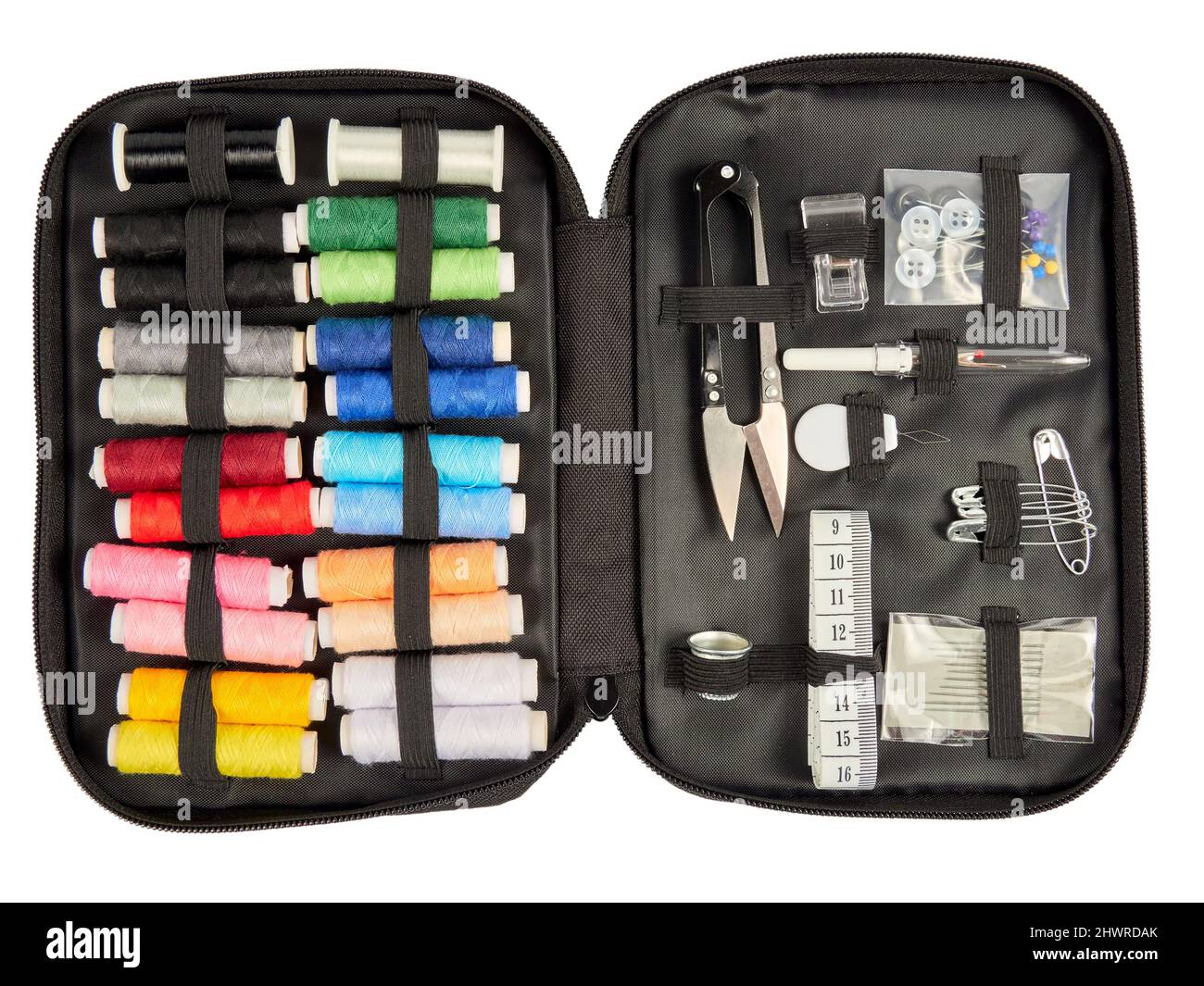 Travel sewing kit with spools of sewing thread, scissors, needles and ...