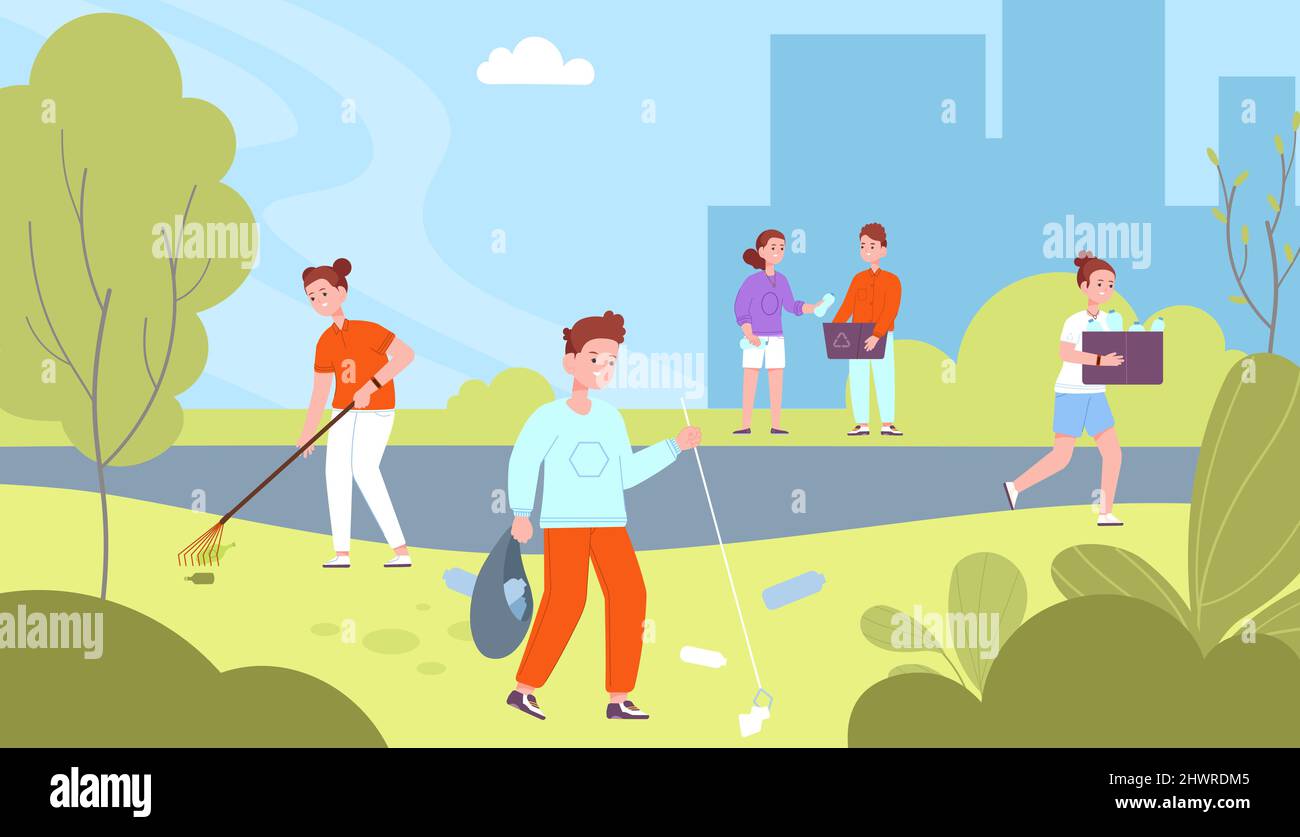 Kids clean park. Kid cleaning forest plant from city garbage, school ...