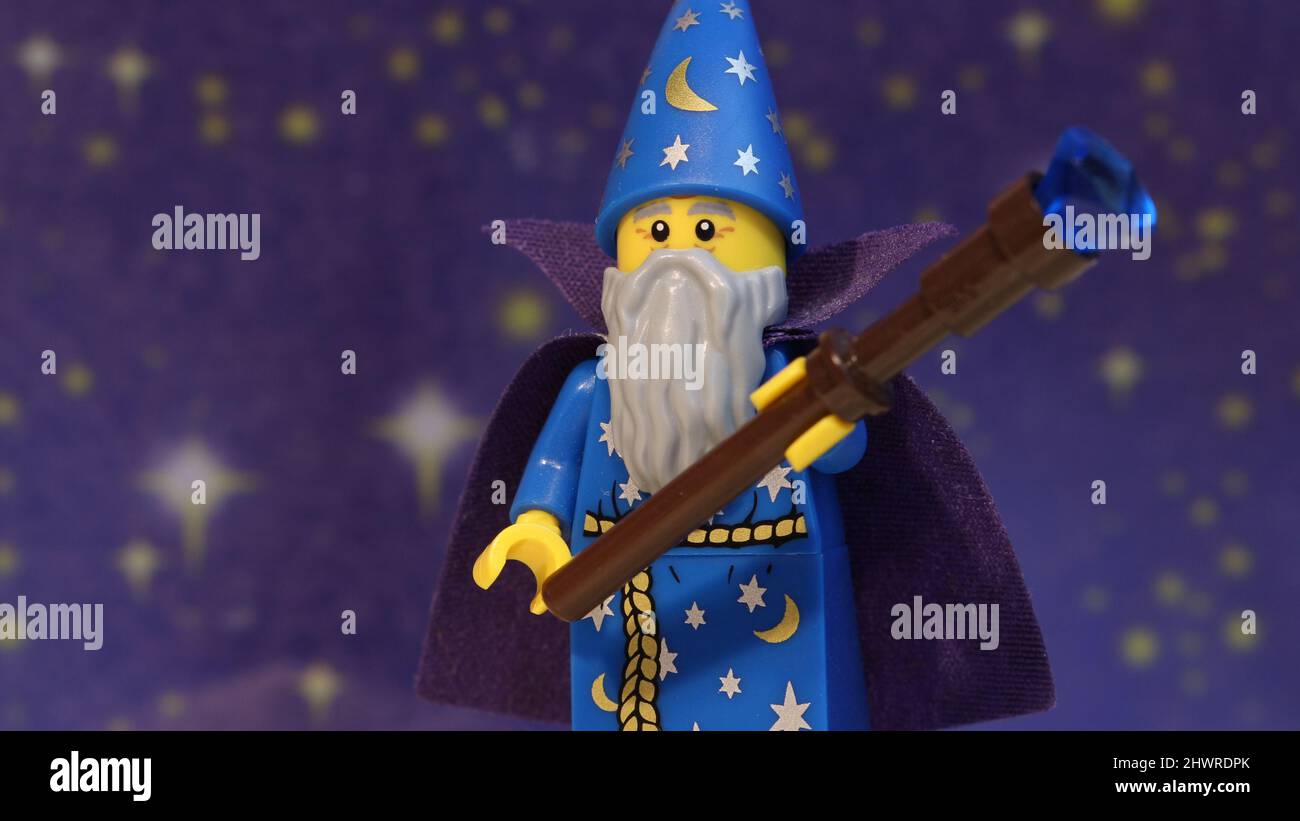 Brick Lego Wizard with Stars and Magical Outfit Stock Photo - Alamy