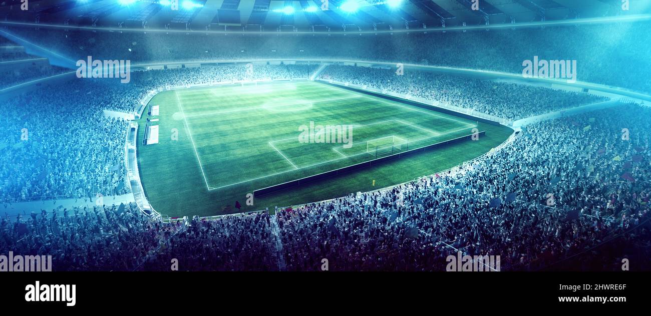 Full stadium and neoned colorful flashlights background. Empty area for ...