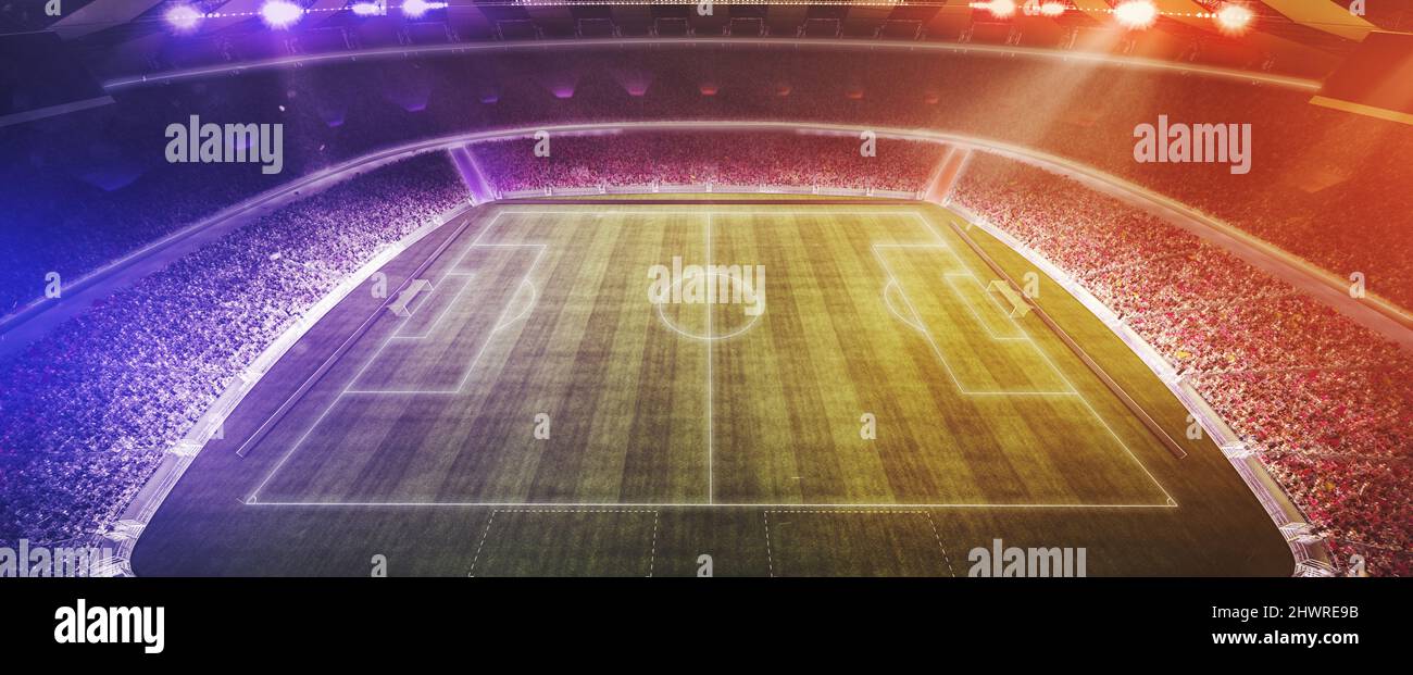 Full stadium and neoned colorful flashlights background. Empty area for ...