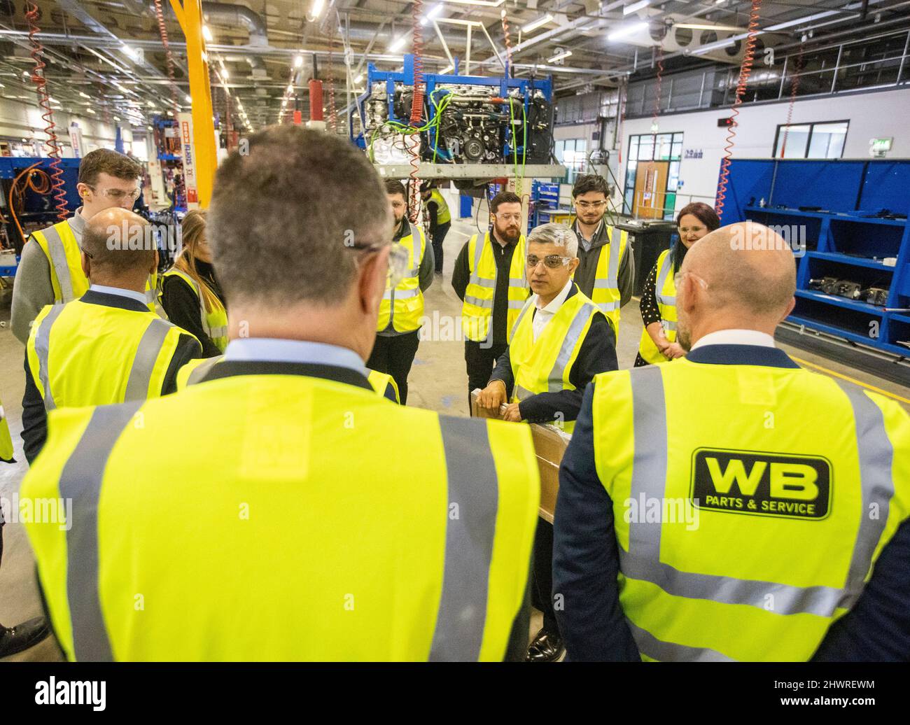 Mayor of London Sadiq Khan (centre) during a visit to the Wrightbus ...