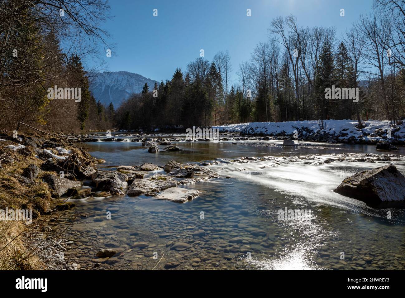 Sunny morning at Weisse Traun river in Ruhpolding, Bavaria, Germany in ...
