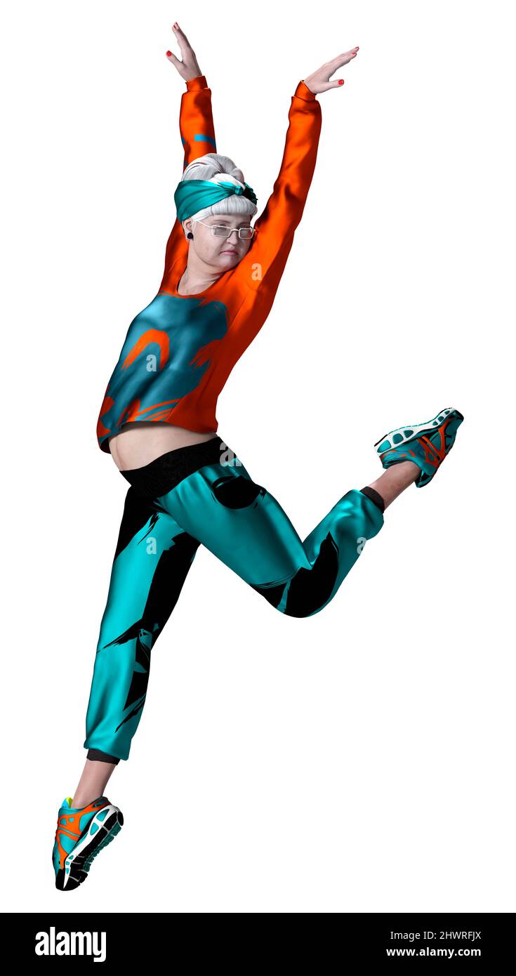 3D rendering of a senior woman dancing isolated on white background ...