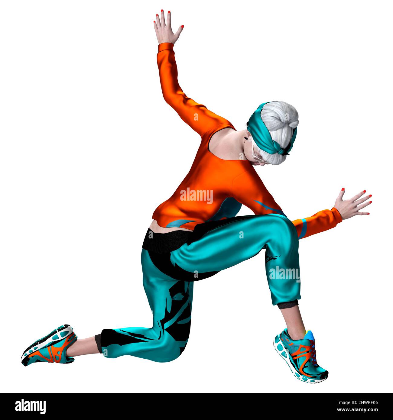 3D rendering of a senior woman dancing isolated on white background ...