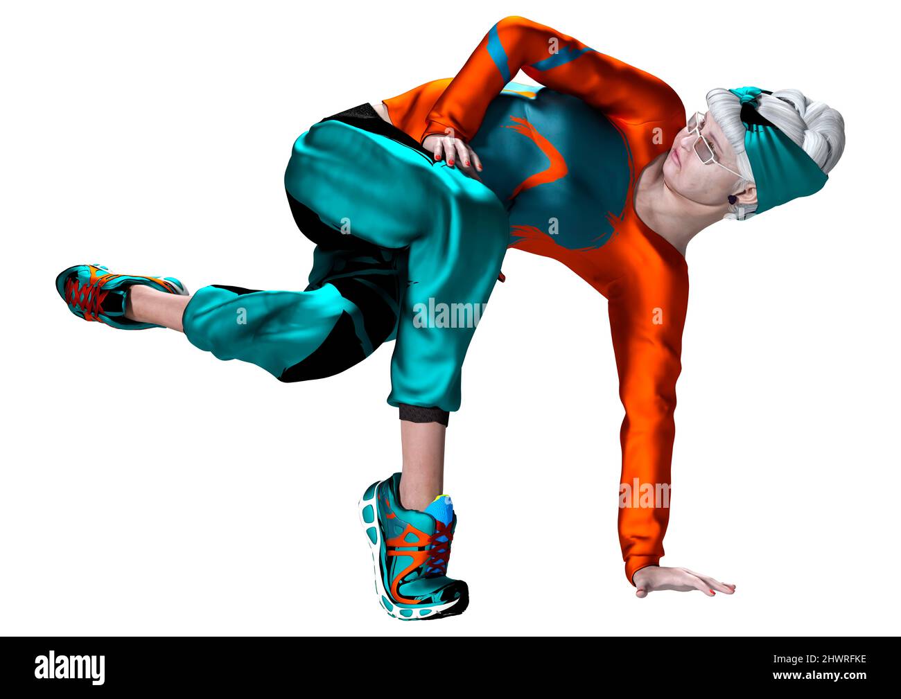 3D rendering of a senior woman dancing isolated on white background ...