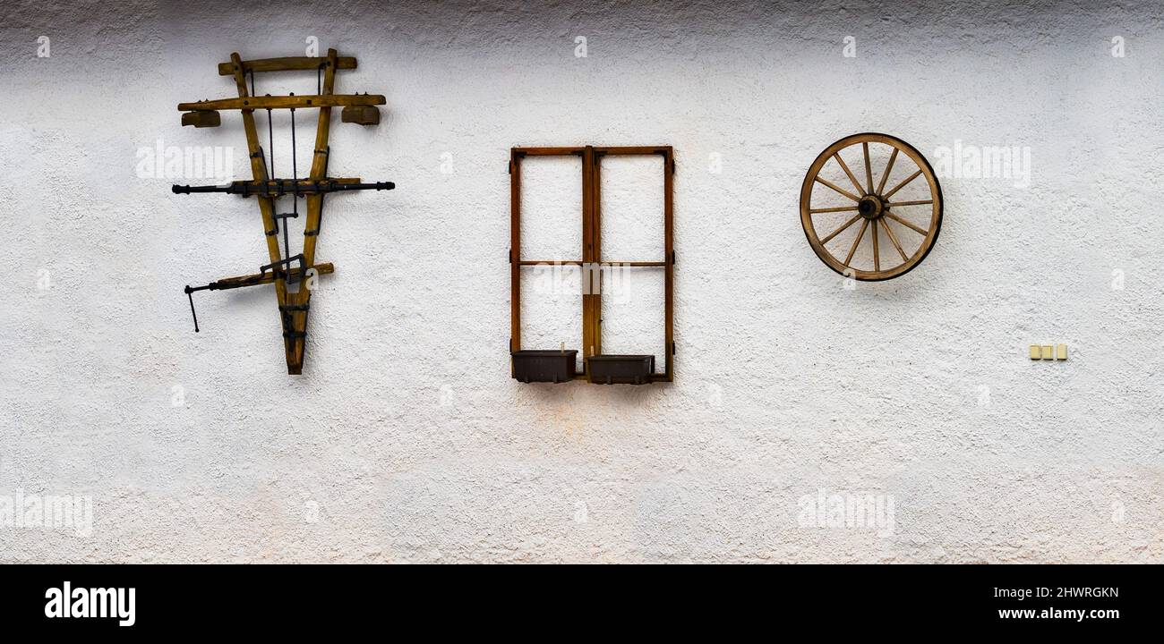 Three old wooden historic artefact, part of animal collar to carriage ...