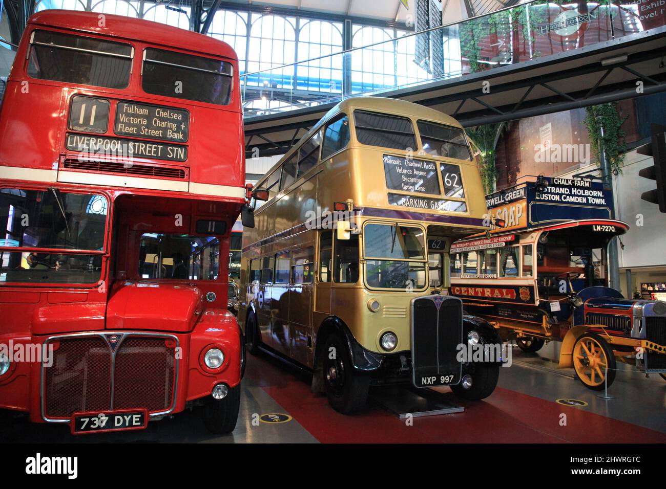 Red historical buses on London's Transport Museum's ground exhibition ...