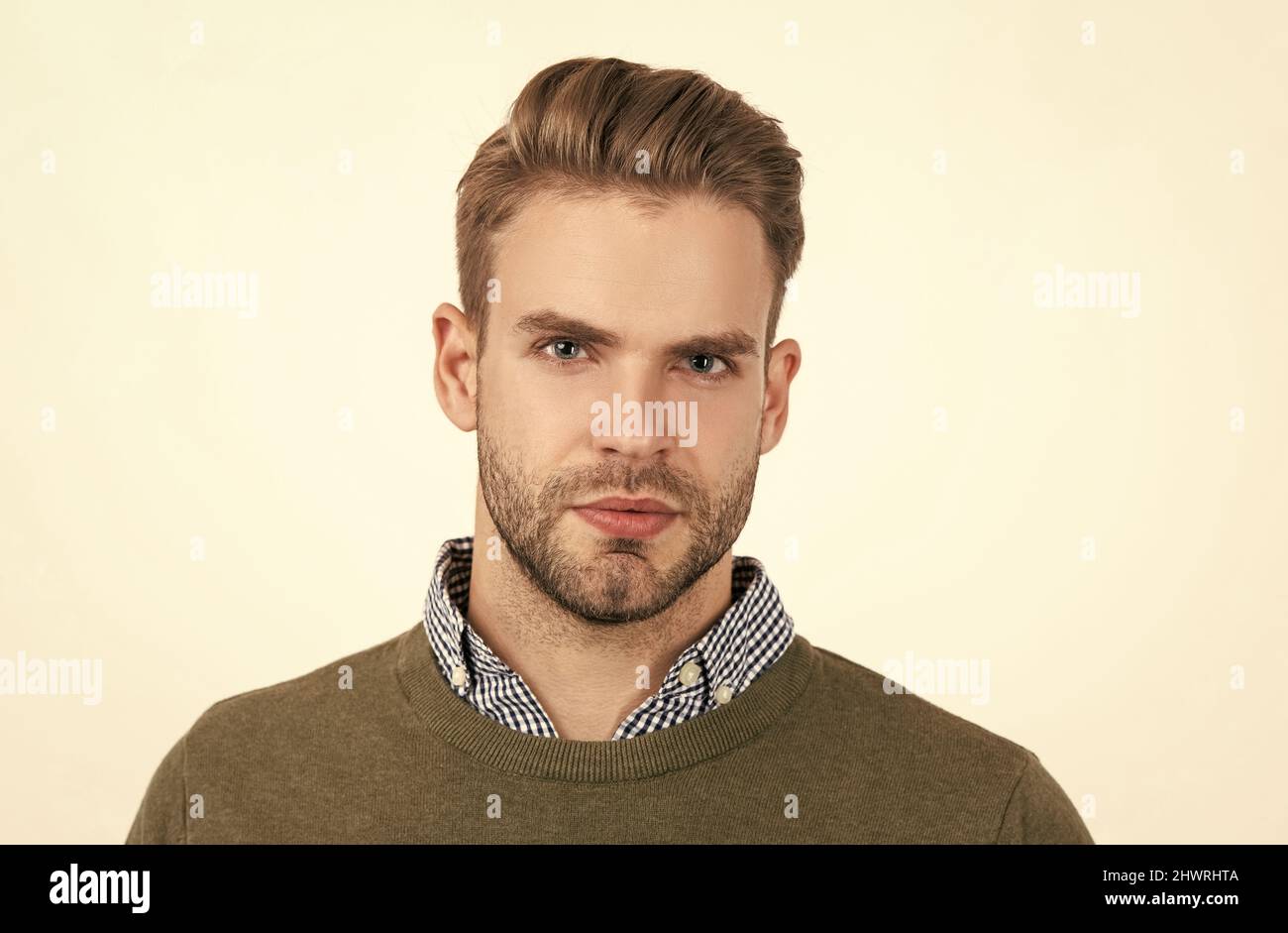 handsome unshaven man with stylish hair isolated on white, male fashion ...