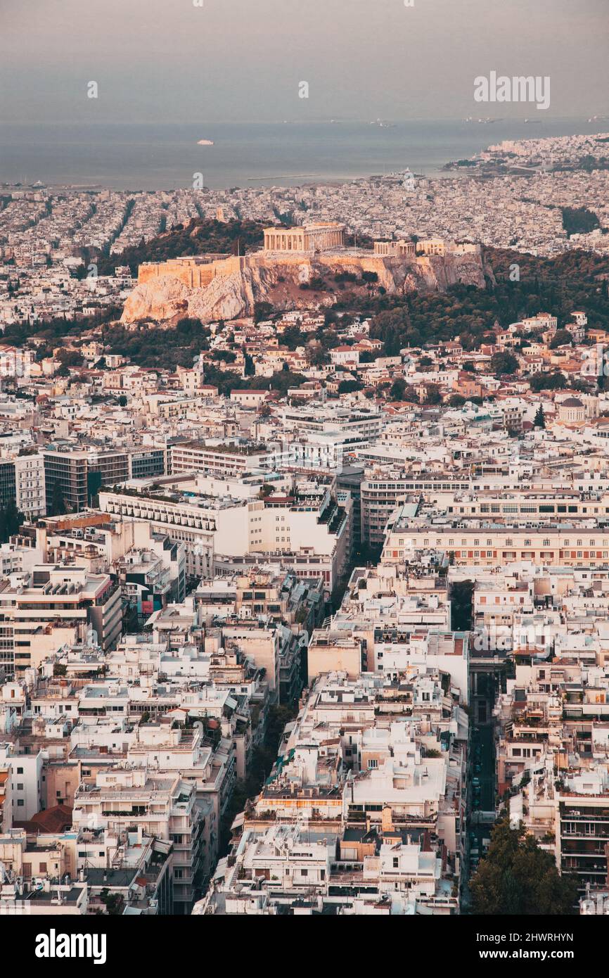 cityscape of Athens in early morning with the Acropolis seen from Lycabettus Hill, the highest ...